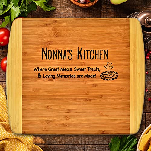 Nonna Gift - Nonna’s Kitchen Where Great Meals Sweet Treats & Loving Memories are made - Engraved 2-Tone Bamboo Cutting Board Grandma Christmas Birthday Mothers Day Design Decor & Usage (11.5x13.5)