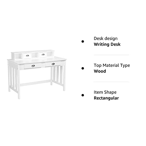 Yaheetech Writing Computer Desk Secretary Desk with Removable Floating Organizer, Workstation Laptop Table Home Office Notebook Desk Organizer with 2 Tier Hutch 4 Drawers, Solid Pine Wood Legs, White