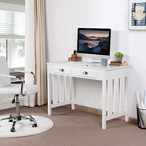 Yaheetech Writing Computer Desk Secretary Desk with Removable Floating Organizer, Workstation Laptop Table Home Office Notebook Desk Organizer with 2 Tier Hutch 4 Drawers, Solid Pine Wood Legs, White