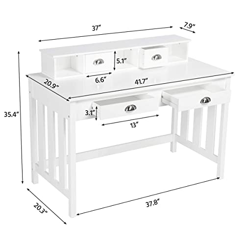 Yaheetech Writing Computer Desk Secretary Desk with Removable Floating Organizer, Workstation Laptop Table Home Office Notebook Desk Organizer with 2 Tier Hutch 4 Drawers, Solid Pine Wood Legs, White