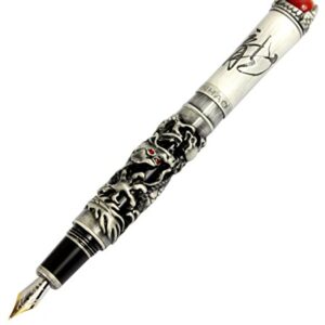 Gullor JinHao Antique Silver Dragon Style 3D Carved Fountain Pen With Red Pearl, Medium Nib, Black