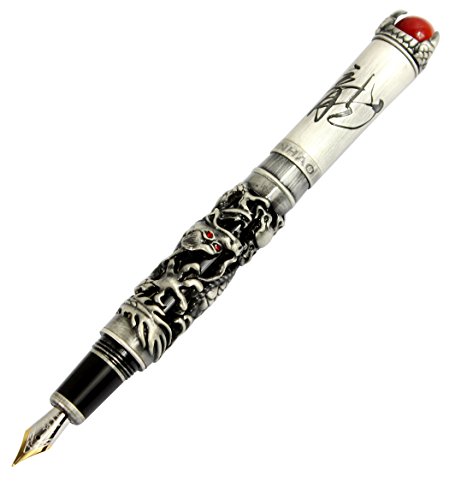 Gullor JinHao Antique Silver Dragon Style 3D Carved Fountain Pen With Red Pearl, Medium Nib, Black