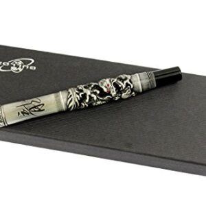 Gullor JinHao Antique Silver Dragon Style 3D Carved Fountain Pen With Red Pearl, Medium Nib, Black