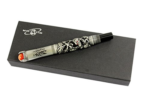 Gullor JinHao Antique Silver Dragon Style 3D Carved Fountain Pen With Red Pearl, Medium Nib, Black