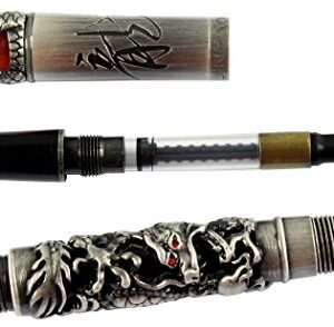 Gullor JinHao Antique Silver Dragon Style 3D Carved Fountain Pen With Red Pearl, Medium Nib, Black