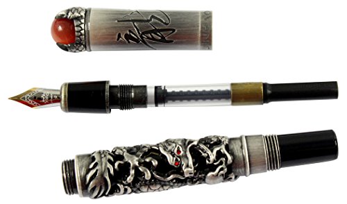 Gullor JinHao Antique Silver Dragon Style 3D Carved Fountain Pen With Red Pearl, Medium Nib, Black