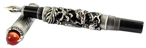 Gullor JinHao Antique Silver Dragon Style 3D Carved Fountain Pen With Red Pearl, Medium Nib, Black