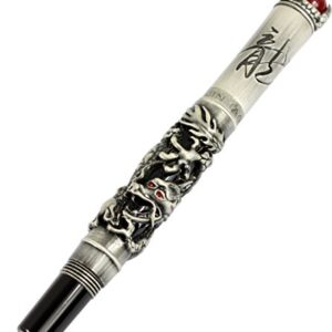 Gullor JinHao Antique Silver Dragon Style 3D Carved Fountain Pen With Red Pearl, Medium Nib, Black