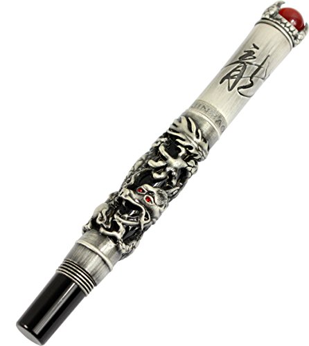 Gullor JinHao Antique Silver Dragon Style 3D Carved Fountain Pen With Red Pearl, Medium Nib, Black