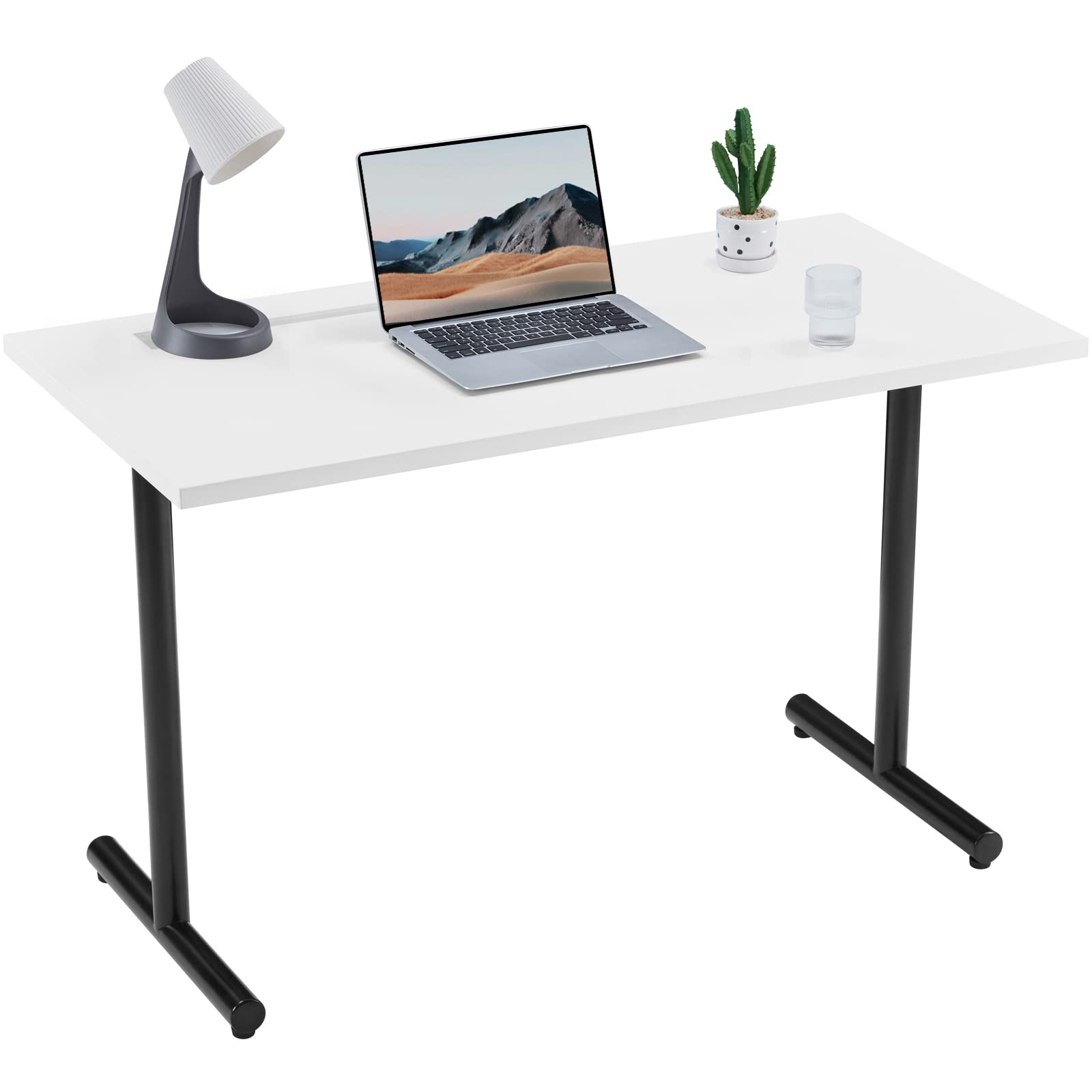 Sunon Home Office 47" Computer Desk Wood Writing Table with Cable Managemant, Black Metal Frame, White