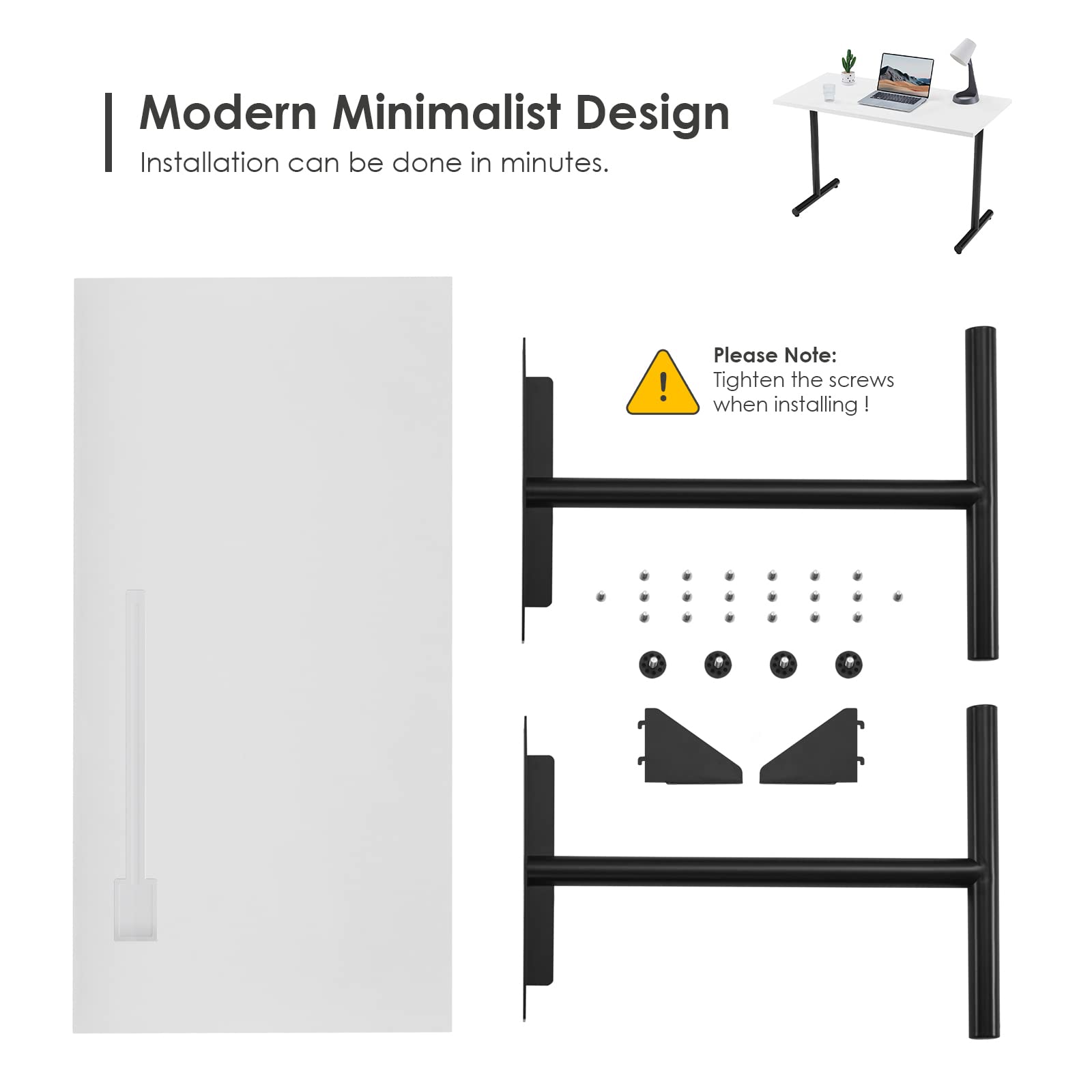 Sunon Home Office 47" Computer Desk Wood Writing Table with Cable Managemant, Black Metal Frame, White