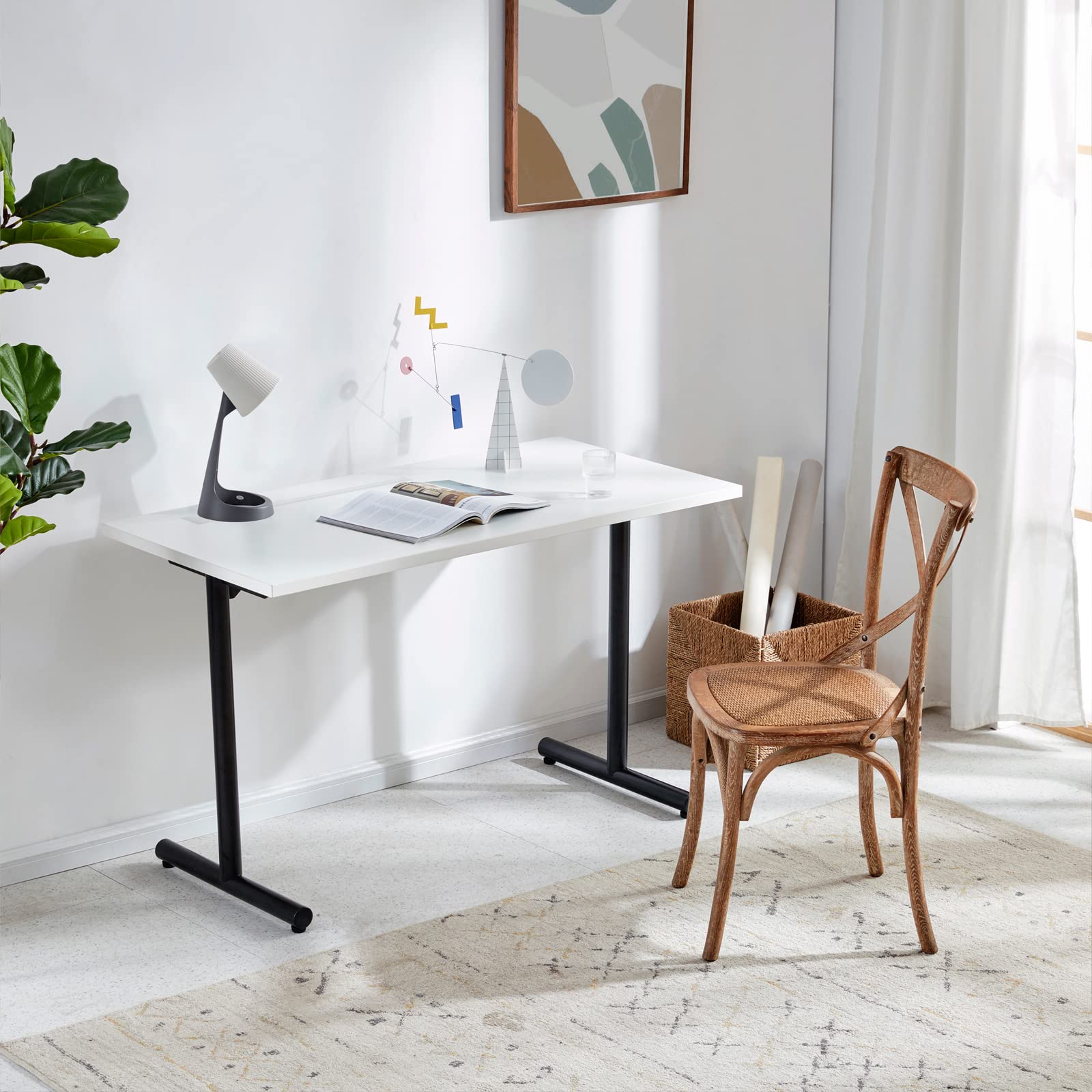 Sunon Home Office 47" Computer Desk Wood Writing Table with Cable Managemant, Black Metal Frame, White