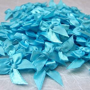 100 Tiny Satin Ribbon Bows Blue Sky Mini Embellishment Craft Artificial Applique Wedding Ribbon Size 7 mm.