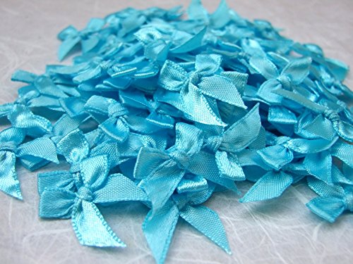 100 Tiny Satin Ribbon Bows Blue Sky Mini Embellishment Craft Artificial Applique Wedding Ribbon Size 7 mm.