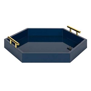 kate and laurel lipton hexagon decorative tray with polished metal handles, navy blue and gold