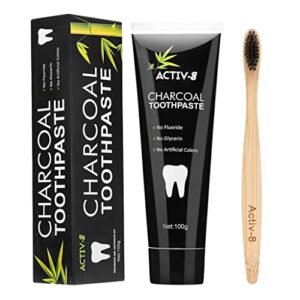 activ-8 activated charcoal toothpaste (100g) and bamboo toothbrush, removes smoke and coffee stains, vegan, fluoride free, mint flavour