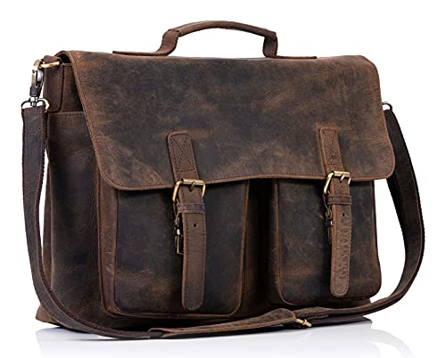 KomalC 18 Inch Leather briefcase Laptop Messenger Bags for Men and Women Best Office School College Satchel Bag (Messenger Bag)