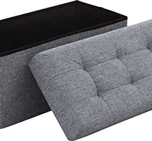 Ornavo Home Foldable Tufted Linen Large Storage Ottoman Bench Foot Rest Stool/Seat - 15" x 30" x 15" (Grey)