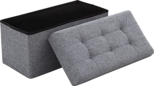 Ornavo Home Foldable Tufted Linen Large Storage Ottoman Bench Foot Rest Stool/Seat - 15" x 30" x 15" (Grey)