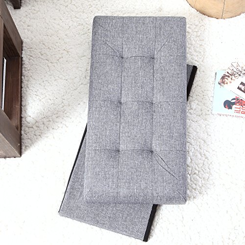 Ornavo Home Foldable Tufted Linen Large Storage Ottoman Bench Foot Rest Stool/Seat - 15" x 30" x 15" (Grey)