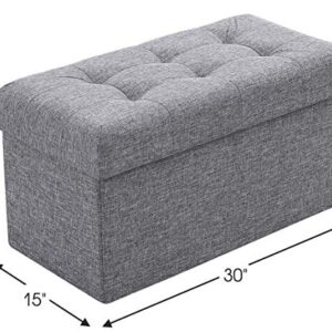 Ornavo Home Foldable Tufted Linen Large Storage Ottoman Bench Foot Rest Stool/Seat - 15" x 30" x 15" (Grey)