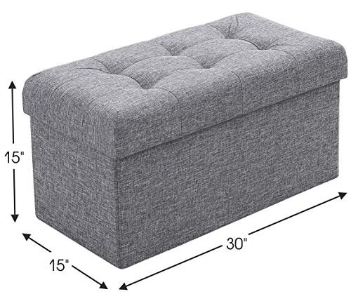 Ornavo Home Foldable Tufted Linen Large Storage Ottoman Bench Foot Rest Stool/Seat - 15" x 30" x 15" (Grey)