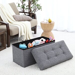 Ornavo Home Foldable Tufted Linen Large Storage Ottoman Bench Foot Rest Stool/Seat - 15" x 30" x 15" (Grey)