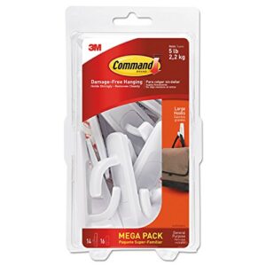 3m command 17003mpes general purpose plastic hooks, large, 5lb cap, white, 14 hooks & 16 strips/pack