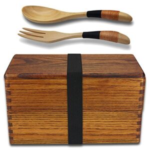 wood bento box, lunch boxes, japanese traditional natural square wooden lunch containers women's men's adult wood bento box with spoon fork kit