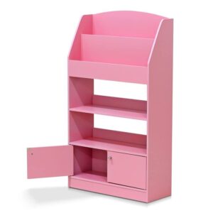 FURINNO 4 shelves Kidkanac Magazine/Bookshelf with Toy Storage Cabinet, Pink 9.45D x 24.57W x 43.31H in