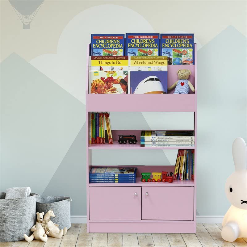 FURINNO 4 shelves Kidkanac Magazine/Bookshelf with Toy Storage Cabinet, Pink 9.45D x 24.57W x 43.31H in