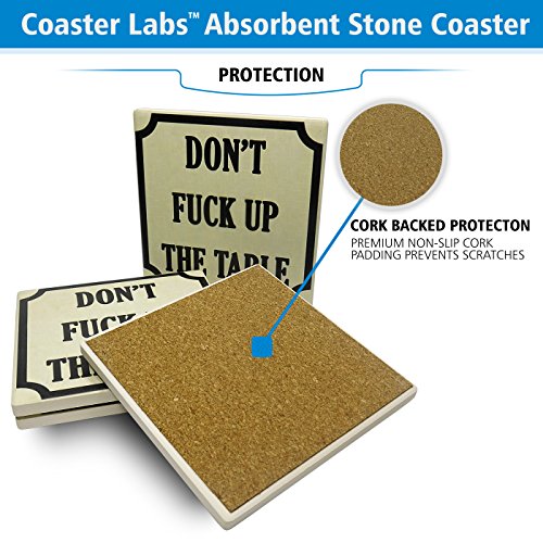 Absorbent Stone Drink Coasters - Funny Coasters for Drinks - Huge 4.25 Inch Square Ceramic Stone with Cork Backing Coaster