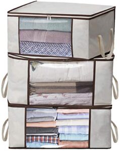 misslo thick oxford clothing organizer storage bags for clothes, blanket, comforter, closet, medium, 3 piece set (beige)