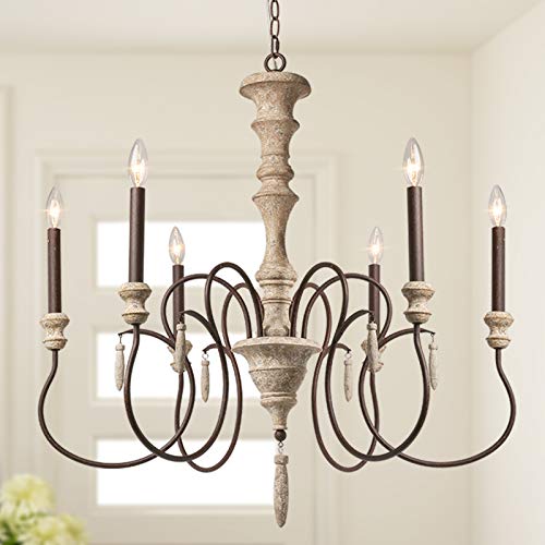 LALUZ Farmhouse Chandelier, French Country Chandelier for Dining Room, 6-Light, Handmade Distressed Wood, 31”Dia