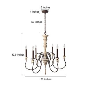 LALUZ Farmhouse Chandelier, French Country Chandelier for Dining Room, 6-Light, Handmade Distressed Wood, 31”Dia