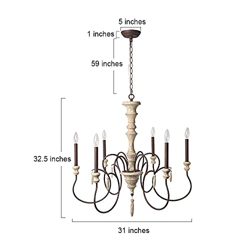 LALUZ Farmhouse Chandelier, French Country Chandelier for Dining Room, 6-Light, Handmade Distressed Wood, 31”Dia