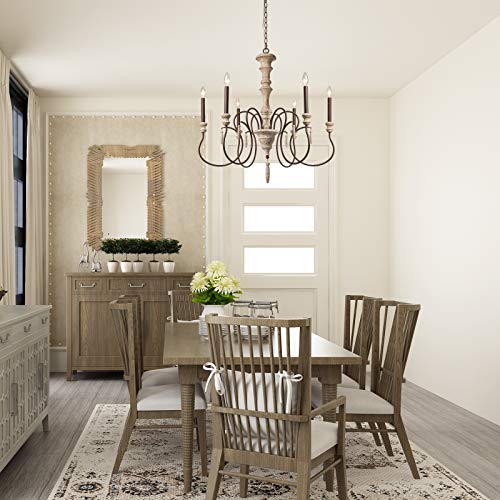 LALUZ Farmhouse Chandelier, French Country Chandelier for Dining Room, 6-Light, Handmade Distressed Wood, 31”Dia