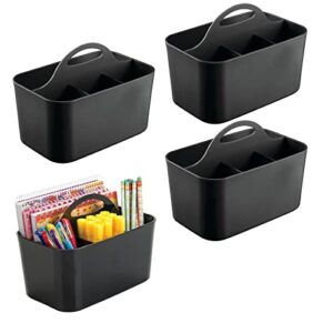 mdesign plastic small office storage organizer utility tote caddy with handle for cabinets, desks, workspaces - holds desktop office supplies, pencils, staplers lumiere collection, 4 pack, black