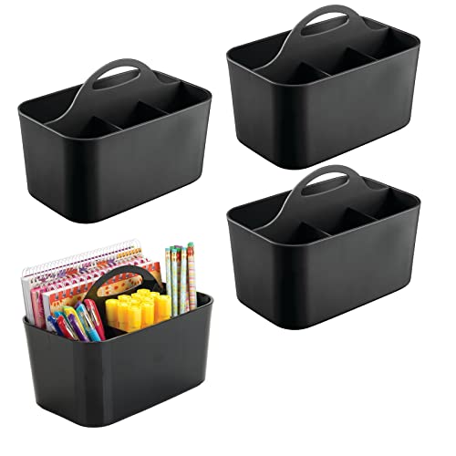 mDesign Plastic Small Office Storage Organizer Utility Tote Caddy with Handle for Cabinets, Desks, Workspaces - Holds Desktop Office Supplies, Pencils, Staplers Lumiere Collection, 4 Pack, Black