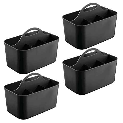 mDesign Plastic Small Office Storage Organizer Utility Tote Caddy with Handle for Cabinets, Desks, Workspaces - Holds Desktop Office Supplies, Pencils, Staplers Lumiere Collection, 4 Pack, Black