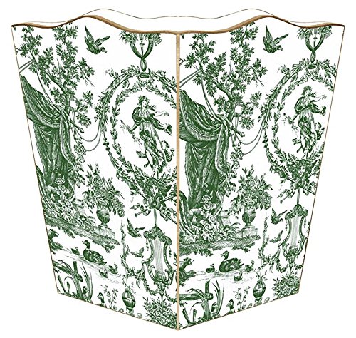 Marye-Kelley Green Toile Wastepaper Basket with Scalloped Top