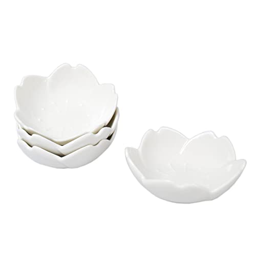 WAIT FLY Beautiful 3 Inches Sakura Shaped Ceramics Seasoning Dishes/Tea Bag Holders/Ketchup Saucer/Appetizer Plates/Vinegar Spice Salad Soy Sushi Wasabi Seasoning Dipping Bowls, White/ Pink, Set of 4