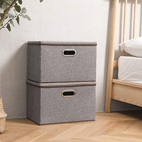 Large Linen Fabric Foldable Storage Container [2-Pack] with Removable Lid and Handles,Storage bin box cubes Organizer - Gray For Home, Office, Nursery, Closet, Bedroom, Living Room