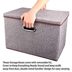 Large Linen Fabric Foldable Storage Container [2-Pack] with Removable Lid and Handles,Storage bin box cubes Organizer - Gray For Home, Office, Nursery, Closet, Bedroom, Living Room