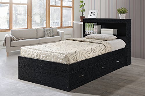 Hodedah Twin-Size Captain Bed with 3-Drawers and Headboard in Black, 85.6"L x 42.3"W x 39.2"H