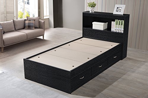 Hodedah Twin-Size Captain Bed with 3-Drawers and Headboard in Black, 85.6"L x 42.3"W x 39.2"H