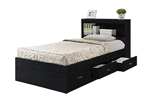 Hodedah Twin-Size Captain Bed with 3-Drawers and Headboard in Black, 85.6"L x 42.3"W x 39.2"H