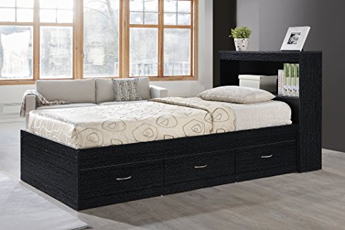 Hodedah Twin-Size Captain Bed with 3-Drawers and Headboard in Black, 85.6"L x 42.3"W x 39.2"H