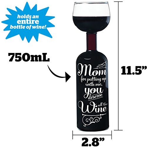 BigMouth Inc. Original Wine Bottle Glass - Mom, for putting up with me, you deserve all the Wine, Large Wine Glass, 750 mL