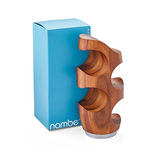 nambe Vie Wine Rack | Countertop Wine Rack 4 Bottle | Wine Bottle Holder for Bar Table and Wine Cabinet | Freestanding Wine Holder | Made of Nambé Alloy and Acacia Wood | 6” D x 13” H